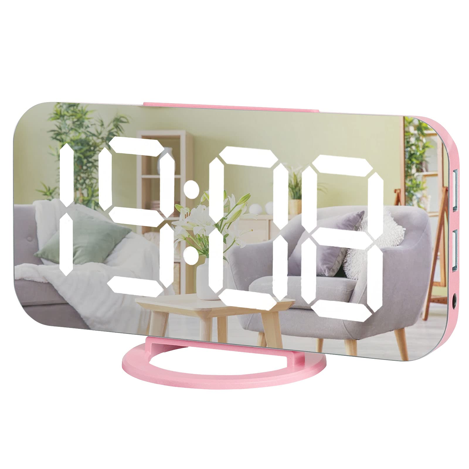 Miowachi Pink Digital Alarm Clock,Large Mirrored LED Clock,Snooze,2 USB Charger Ports Desk Alarm Clocks for Girls School (Pink)