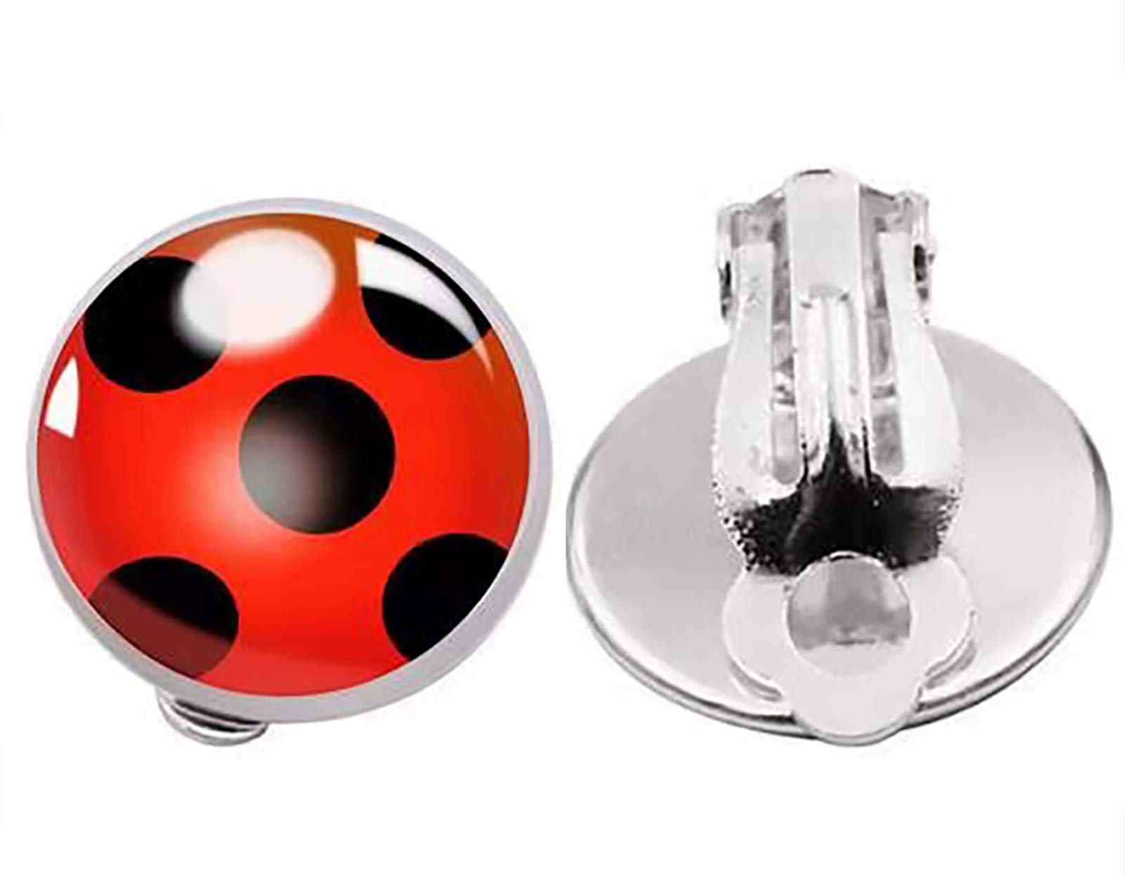 OHINGLT Ladybug Clip on Earrings for Woman Silver Ear Cuff Black Spot Red Ladybug Earrings(2 Pairs Red)