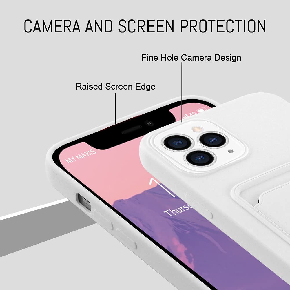 MZELQ Compatible with iPhone 13 Pro Max Case TPU Card Holder Wallet Cover,Camera Protection + Screen Protector Soft Card Slot Phone Case -White