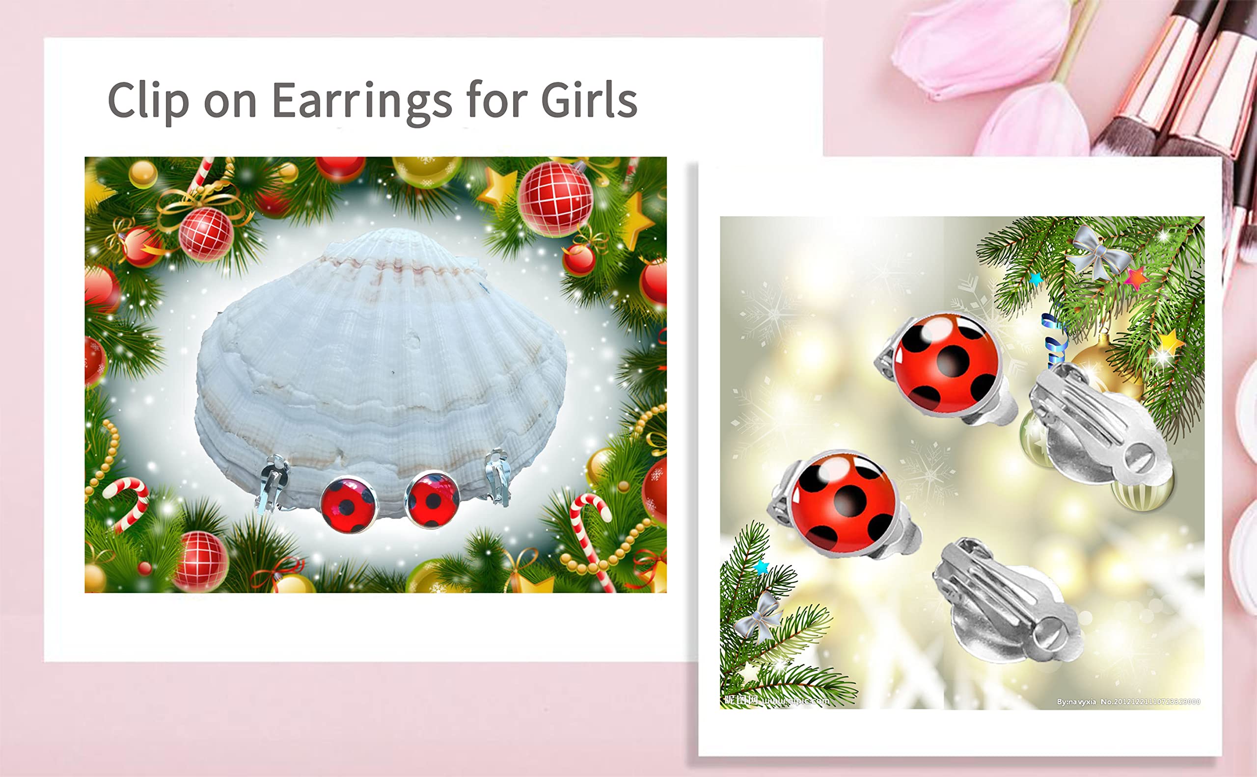 OHINGLT Ladybug Clip on Earrings for Woman Silver Ear Cuff Black Spot Red Ladybug Earrings(2 Pairs Red)