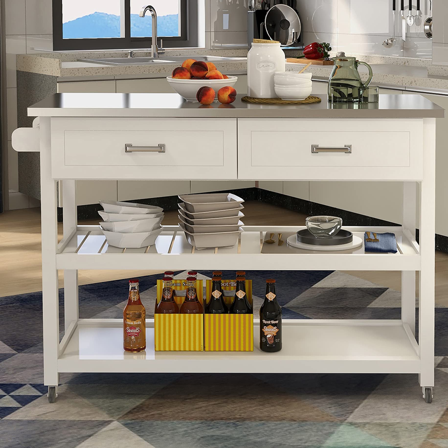 Amposei Kitchen Island 47ββ Stainless Steel Top Rolling Utility Cart on Wheels with Drawers and Storage Shelves (White)