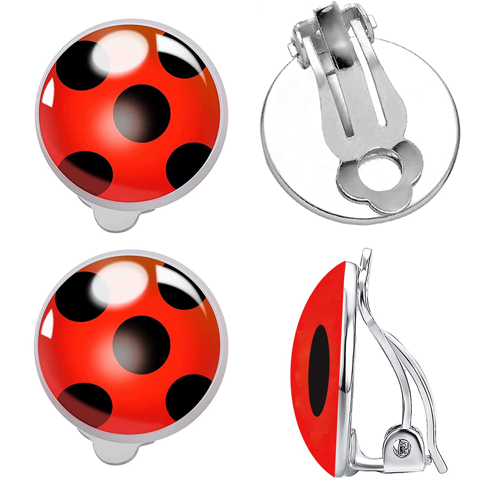 OHINGLT Ladybug Clip on Earrings for Woman Silver Ear Cuff Black Spot Red Ladybug Earrings(2 Pairs Red)