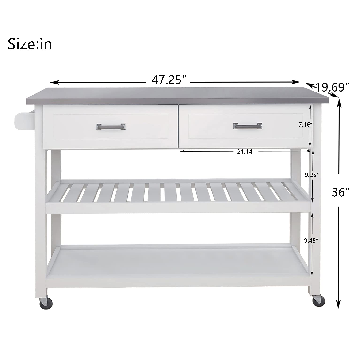 Amposei Kitchen Island 47ββ Stainless Steel Top Rolling Utility Cart on Wheels with Drawers and Storage Shelves (White)