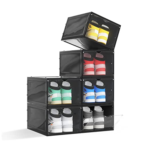 Hrrsaki 6 Pack Shoe Storage Box, Drop Front Shoe Boxes,Shoe Box Clear Plastic Stackable, Shoe Storage Box and Shoe Organizer for Display Sneakers,Easy Assembly,Fit up to US Size 12(13.4”x 10.7”x 7.2”) - Black
