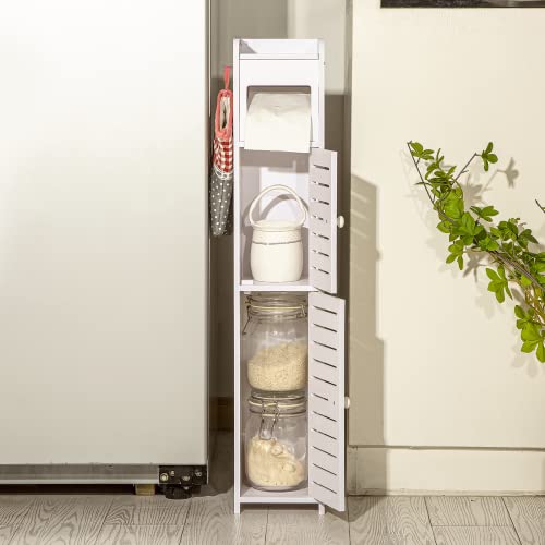 WODETREE Upgrade 9mm Thickness Small Bathroom Storage Cabinet with 2 Doors and 2 Shelves, W5.9 x D6.2 x H31.5 Bathroom Organizer, 4 Tier Design Toilet Paper Storage for Small Space and Corner(White)