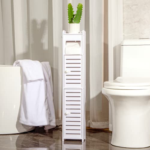 WODETREE Upgrade 9mm Thickness Small Bathroom Storage Cabinet with 2 Doors and 2 Shelves, W5.9 x D6.2 x H31.5 Bathroom Organizer, 4 Tier Design Toilet Paper Storage for Small Space and Corner(White)