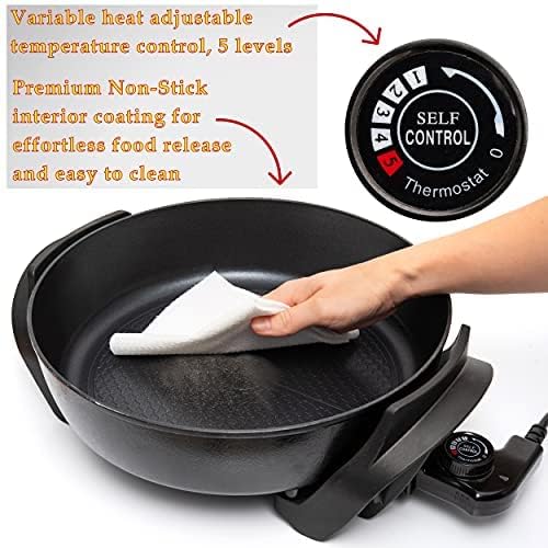 Moss & Stone Round Nonstick Electric Skillet With Lid, Aluminum 12 Inch Electric Frying Pan, 2 Layers Of Non-Stick Coating, Adjustable Temperature Control, Lid With Steam Vent, Electric Deep Skillet