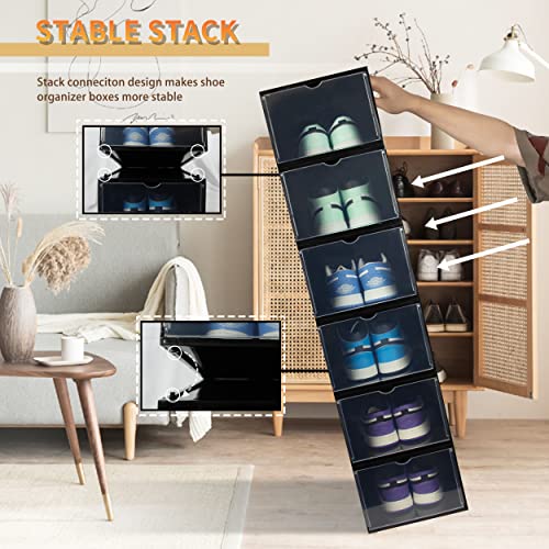 Hrrsaki 6 Pack Shoe Storage Box, Drop Front Shoe Boxes,Shoe Box Clear Plastic Stackable, Shoe Storage Box and Shoe Organizer for Display Sneakers,Easy Assembly,Fit up to US Size 12(13.4βx 10.7βx 7.2β) - Black