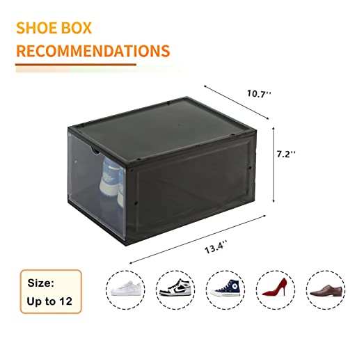 Hrrsaki 6 Pack Shoe Storage Box, Drop Front Shoe Boxes,Shoe Box Clear Plastic Stackable, Shoe Storage Box and Shoe Organizer for Display Sneakers,Easy Assembly,Fit up to US Size 12(13.4βx 10.7βx 7.2β) - Black