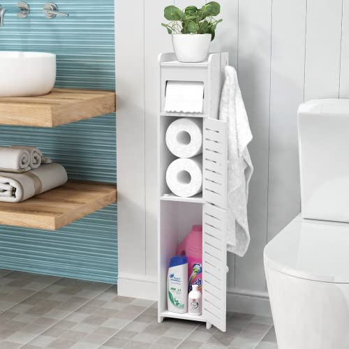 WODETREE Upgrade 9mm Thickness Small Bathroom Storage Cabinet with 2 Doors and 2 Shelves, W5.9 x D6.2 x H31.5 Bathroom Organizer, 4 Tier Design Toilet Paper Storage for Small Space and Corner(White)