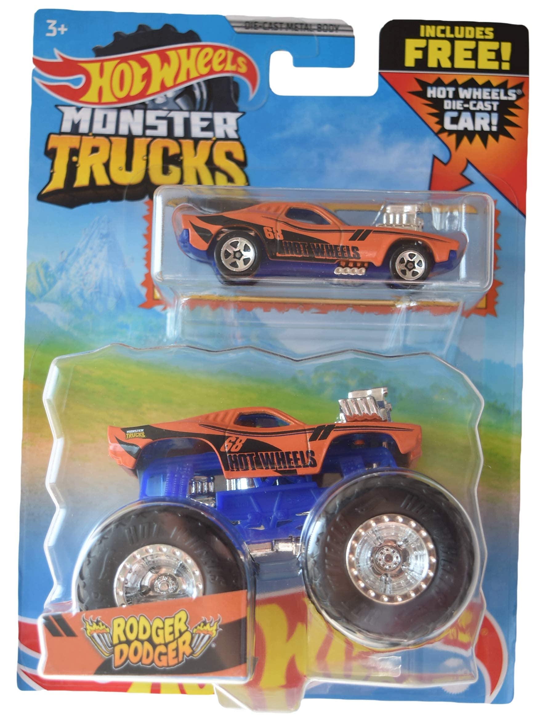 Hot Wheels Monster Trucks Rodger Dodger, [Orange] Includes Die Cast Car 1:64 Scale