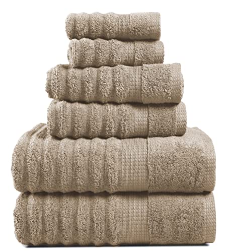 LANE LINEN Bath Towel Set - Soft and Absorbent, Ribbed, 100% Cotton Towels for Bathroom, Hotel, Body & Spa - 2 Bath Towels Large Size, 2 Bathroom Hand Towel and 2 Wash Cloths (6 Piece Set) - Taupe