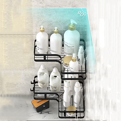 Takeberny 2PCS Corner Bathroom Shower Shelf, no drill corner shower shelf, Stainless Steel Shower Stand with 4 Hooks, Bathroom Stand without Drilled Holes, for Bathroom Storage (White)