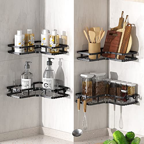 Takeberny 2PCS Corner Bathroom Shower Shelf, no drill corner shower shelf, Stainless Steel Shower Stand with 4 Hooks, Bathroom Stand without Drilled Holes, for Bathroom Storage (White)