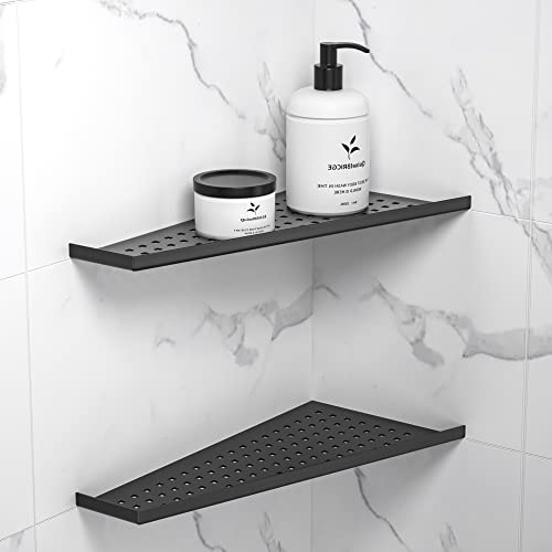 Bernkot Corner Shower Shelf Matte Black 12" 304 Stainless Steel Quadrilateral Floating Shelf Grid Design Recessed Bathroom Shelf for Tiled Wall, No Drilling,2 Pack
