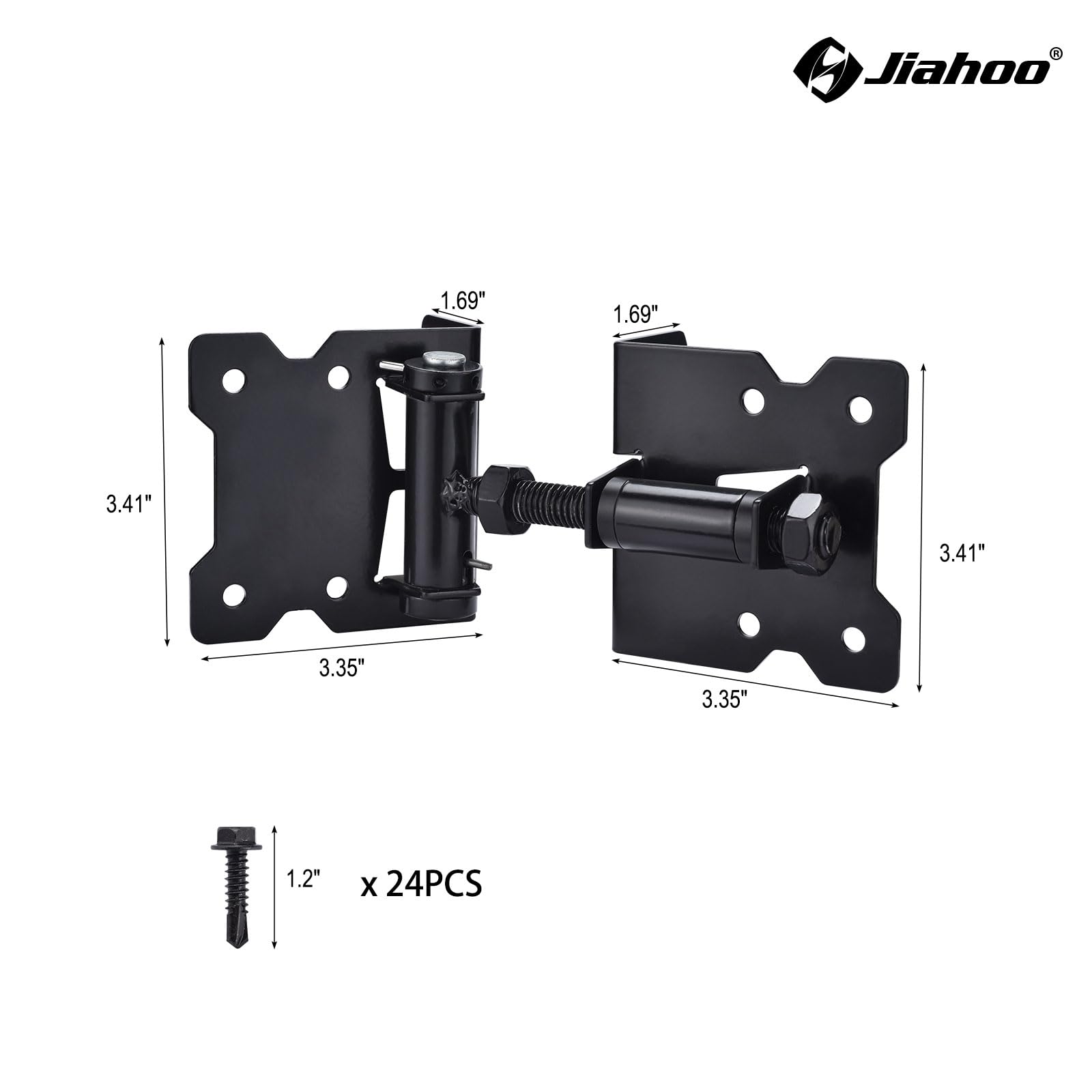 JIAHOO Self-Closing Gate Hinges Heavy Duty Door Hinges for Wooden/Vinyl/PVC Fences, 90 Degree Adjustable Gate Hinge Hardware Kit with Spring Adjuster Tool, Black(1 Pair-2 Hinges)