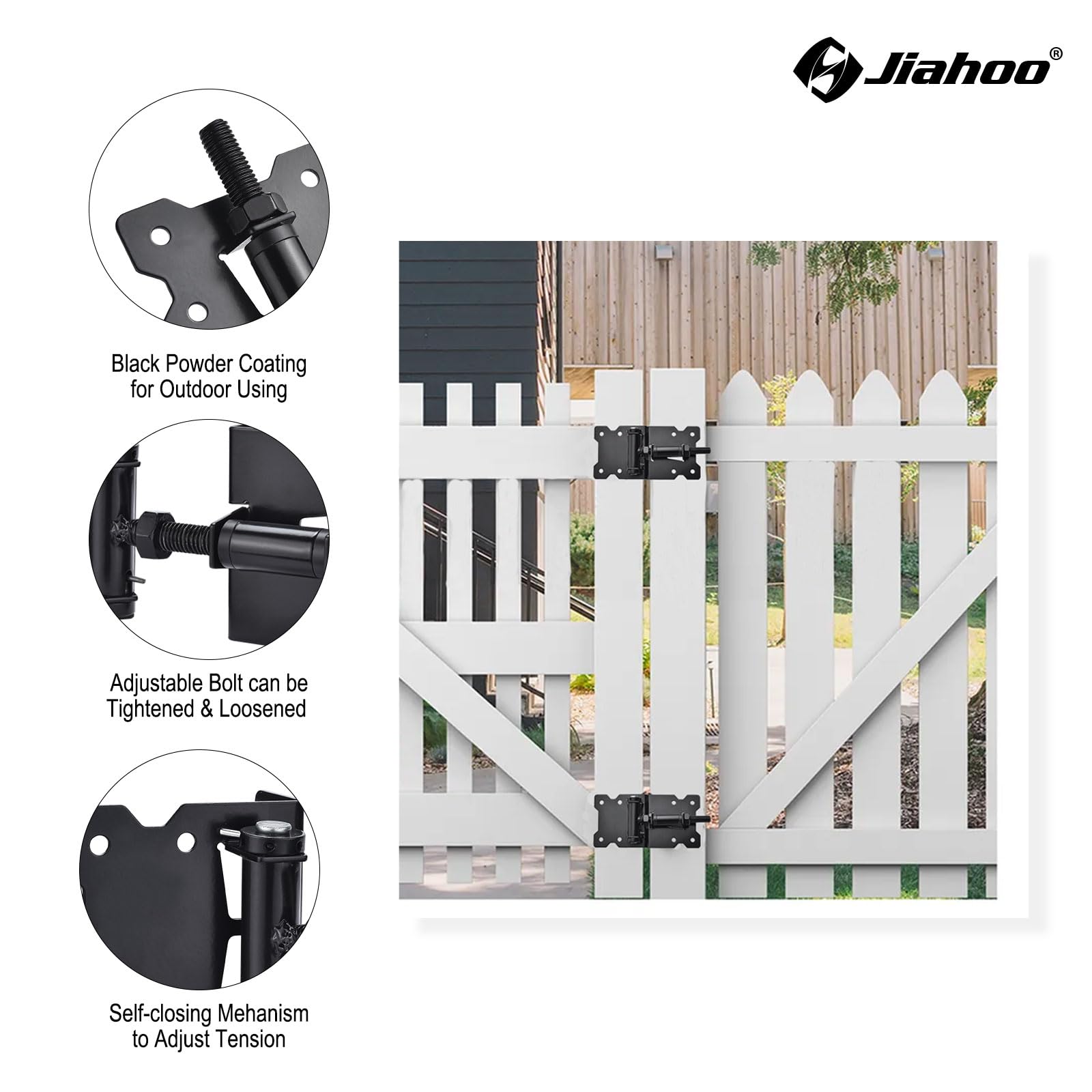 JIAHOO Self-Closing Gate Hinges Heavy Duty Door Hinges for Wooden/Vinyl/PVC Fences, 90 Degree Adjustable Gate Hinge Hardware Kit with Spring Adjuster Tool, Black(1 Pair-2 Hinges)