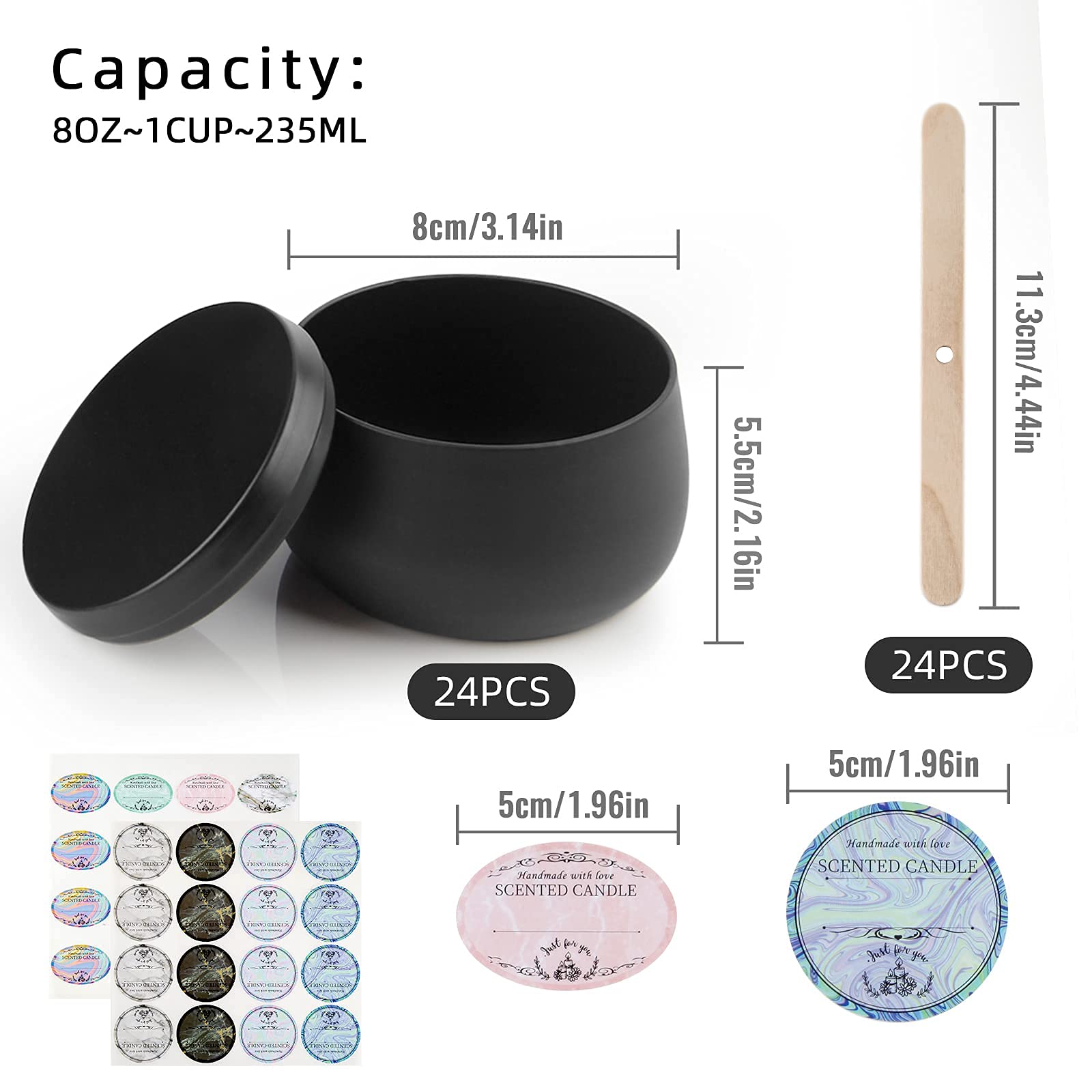 Timueetech 24 Pcs All-Black 8oz Candle Tins and 24 Pcs Wooden Candle Wick Centering Device and 32pcs Candle Label, All-Black 8oz Candle Tins Inside and Outside, Empty Candle Jars with Lids Bulk