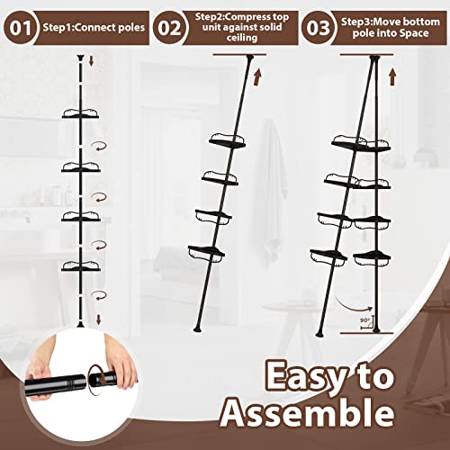 Corner Shower Caddy Tension Pole - Stainless Steel Rustproof Standing Shower Caddies Rack with 4 Tier Shelf for Bathroom Bathtub Organizer,54-114" Adjustable - Black