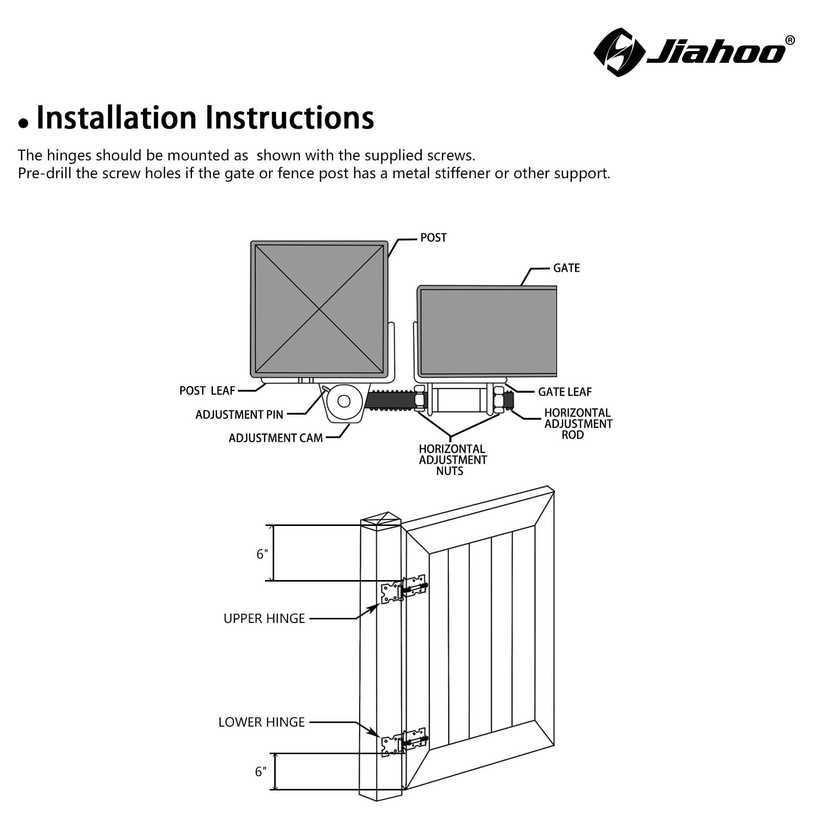JIAHOO Self-Closing Gate Hinges Heavy Duty Door Hinges for Wooden/Vinyl/PVC Fences, 90 Degree Adjustable Gate Hinge Hardware Kit with Spring Adjuster Tool, Black(1 Pair-2 Hinges)