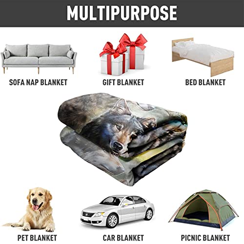 HommomH 40"x50" Blanket Soft Fluffy Fleece Throw for Sofa Bed Moon Wolf Green