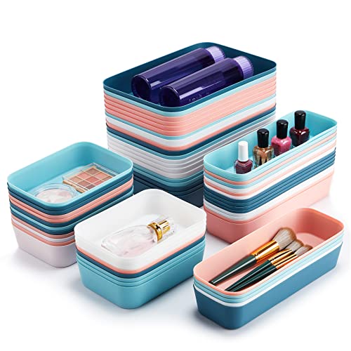 60 Pcs Plastic Desk Drawer Organizers 3 Size Large Vanity Office Drawer Organizers Stackable Drawer Dividers Cosmetic Trays Plastic Storage Bins Shallow for Makeup Bathroom Office Kitchen, 4 Colors