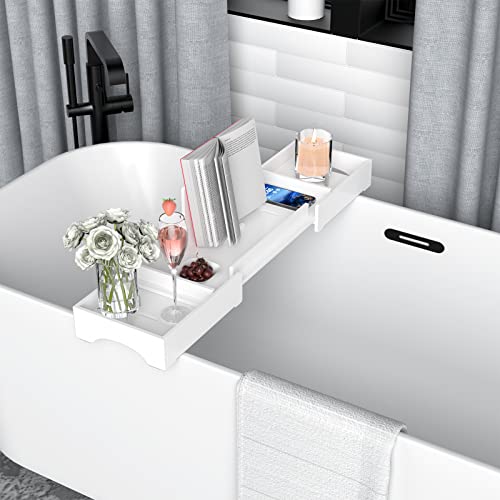 WINFFOR Acrylic Bathtub Tray, Expandable Bathtub Caddy, 1 or 2 Person Bath Tray, Luxury Bath Caddy Adjustable Bath Tub Table Caddy (White)