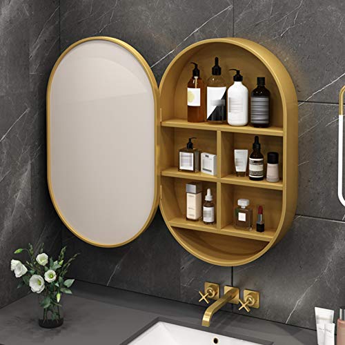 ZTGL Oval LED Lighted Mirror Cabinet, Wall-Mounted Bathroom Medicine Cabinet, Touch Button, Slow Close Hinge, 19.7x31.5 in,Gold,Lights Defogging