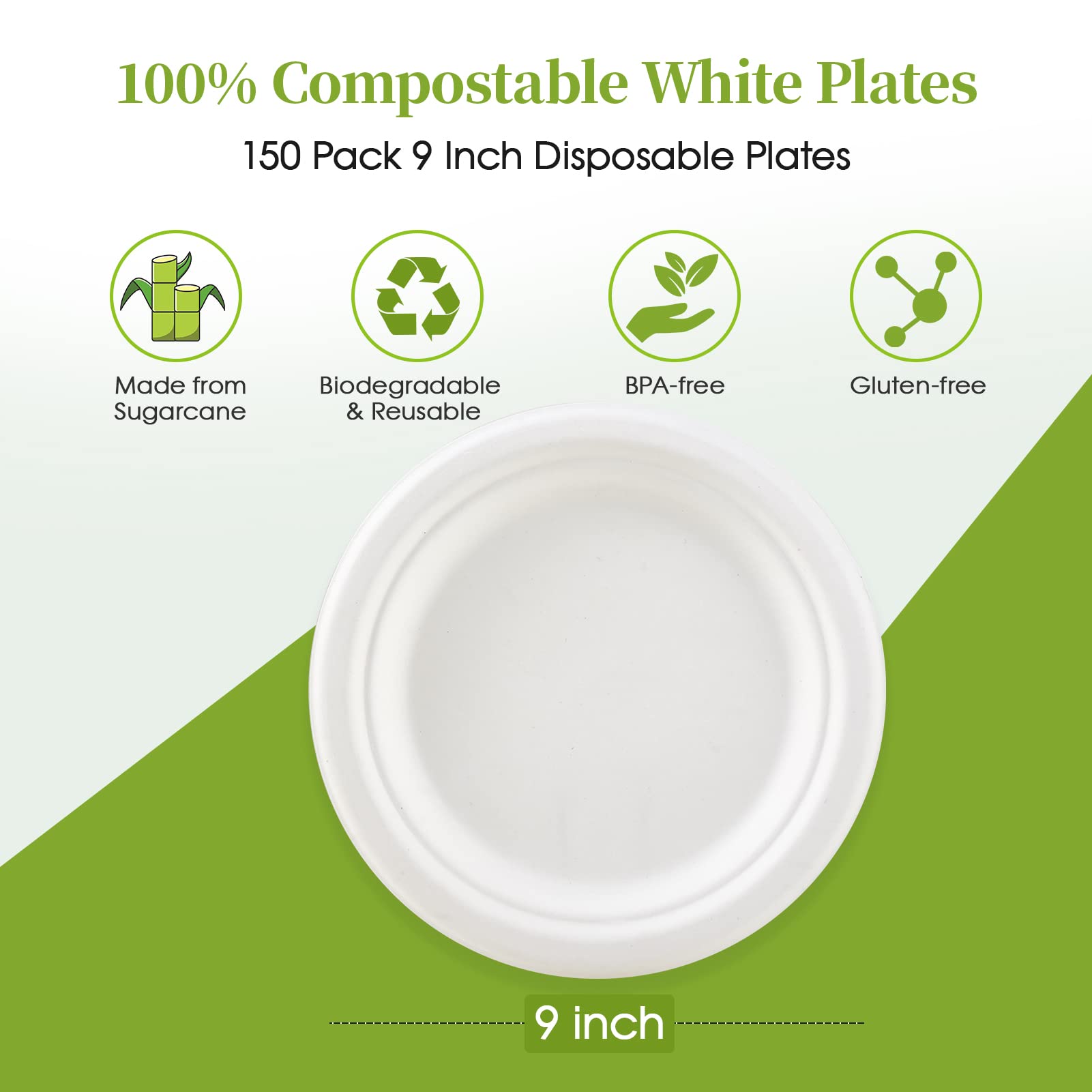 ECOLipak 9 inch 150 Pack Compostable Paper Plates, Heavy Duty Disposable Biodegradable Eco-friendly Sugarcane Bagasse Plates for Party Dinner