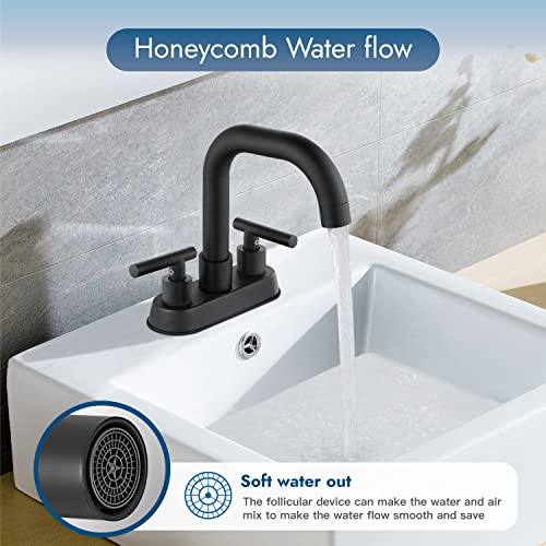 Cinwiny Matte Black 4 inch centerset Bathroom Sink Faucet Two Handle Vanity Lavatory Faucet Swivel Spout 360 Degree Deck Mounted Mixer Tap Water Supply Hoses