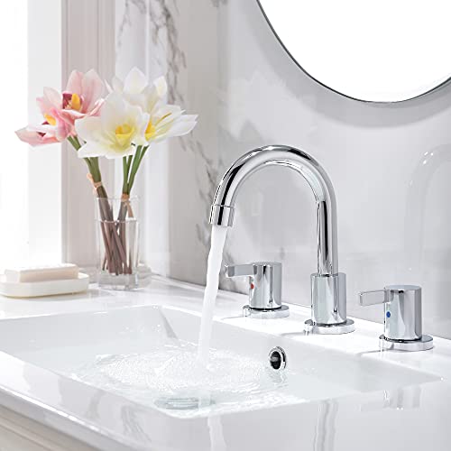 Widespread Bathroom Sink Faucet, 3 Hole 8 Inch Chrome Finish, Utility/Lavatory Modern Faucet with Pop Up Drain by Phiestina, WF015-1-C