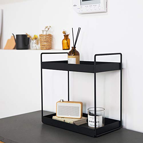 KINGBERWI 2-Tier Standing Rack, Bathroom Countertop Storage Shelf Cosmetic Organizer Holder Kitchen Spice Rack, Black
