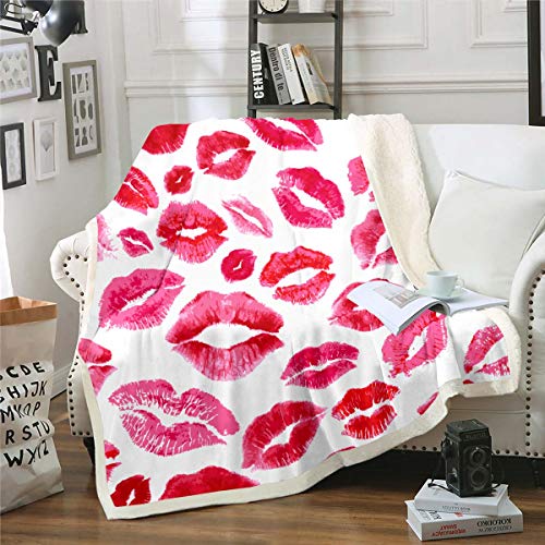 Sexy Lips Blanket for Girls Woman Kiss Fleece Blankets Feminine Red Lips Throw Blanket Lipstick Print Plush Blankets Luxury for Chair Office Couch Bed Fuzzy Blanket Throw 50"x60" Red White