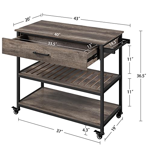 Yaheetech Kitchen Cart with Storage, Rolling Kitchen Island with Drawer and Towel Rack, Utility Shelf Microwave Stand Cart with Lockable Wheels for Dining Room, 40 x 20 x 36 inches, Taupe Wood