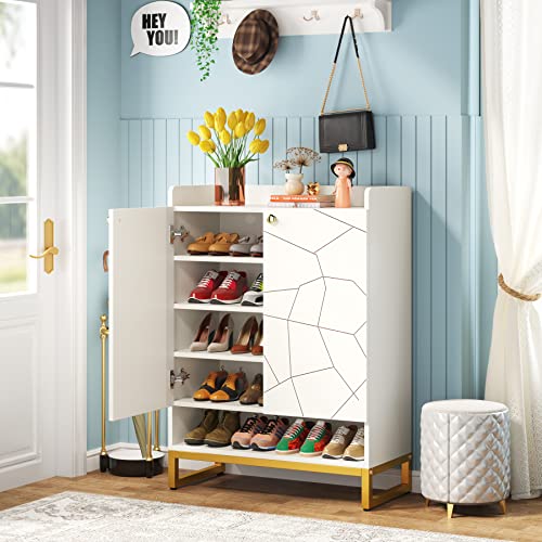 Tribesigns Shoe Cabinet with Doors, White Gold 6-Tiers Shoe Storage Cabinet for Entryway, Modern Free Standing Shoe Cabinet Storage Organizer for Living Room, Bedroom,Closet
