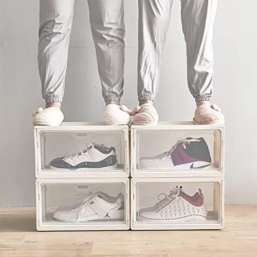 Shoe Storage Boxes,Pack of 6 Stackable Shoe Organizer,Sturdy Foldable sneaker storage and Easy Assemble Shoe Containers Clear Plastic shoe bins with Lid for US Size 13(14.6”x 10.6”x 8.3”)
