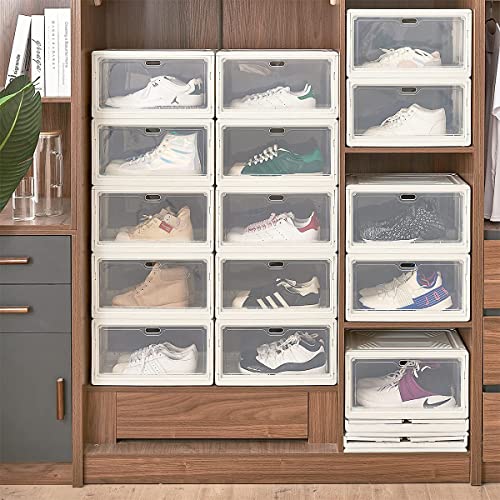 Shoe Storage Boxes,Pack of 6 Stackable Shoe Organizer,Sturdy Foldable sneaker storage and Easy Assemble Shoe Containers Clear Plastic shoe bins with Lid for US Size 13(14.6βx 10.6βx 8.3β)