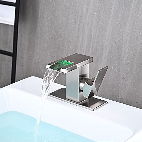 AVSIILE LED Bathroom Sink Faucet, Brushed Nickel Waterfall Single Hole Handle RV Bath Vanity Faucets for Sinks 1 Hole with Metal Pop Up Drain and 2 Water Supply Lines, Side Handle