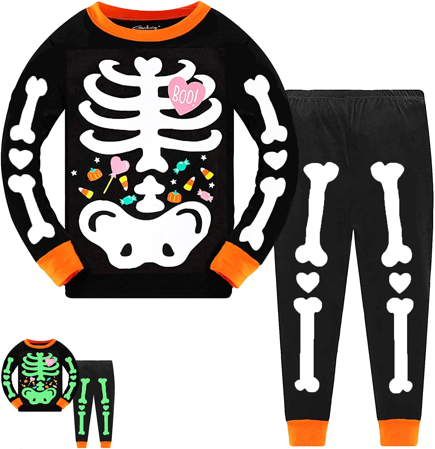 Tkria Kids Pajamas for Girls Skeleton Glow-in-The-Dark Cotton Sleepwear Toddler Clothes Halloween Outfit Size 1-12T