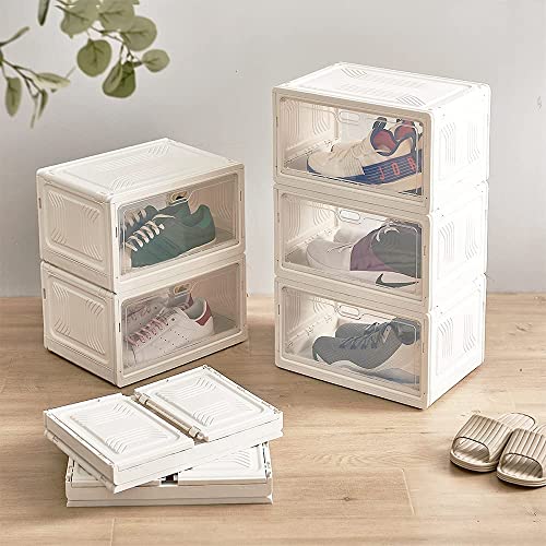 Shoe Storage Boxes,Pack of 6 Stackable Shoe Organizer,Sturdy Foldable sneaker storage and Easy Assemble Shoe Containers Clear Plastic shoe bins with Lid for US Size 13(14.6βx 10.6βx 8.3β)