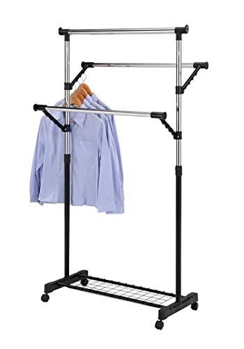 Kings Brand Furniture - 3-Rod Adjustable Garment Rack - Rolling Clothes Organizer , Black/Chrome