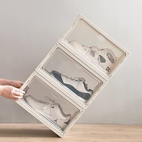 Shoe Storage Boxes,Pack of 6 Stackable Shoe Organizer,Sturdy Foldable sneaker storage and Easy Assemble Shoe Containers Clear Plastic shoe bins with Lid for US Size 13(14.6βx 10.6βx 8.3β)