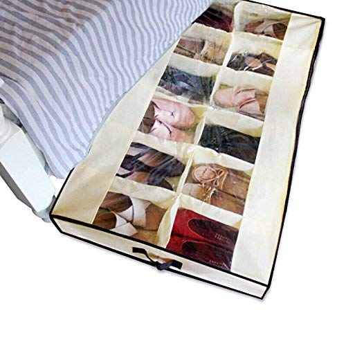 SHONPY Men/Women Adults 12 Cells See Through Underbed Shoe Storage Bag Organizer, Beige 