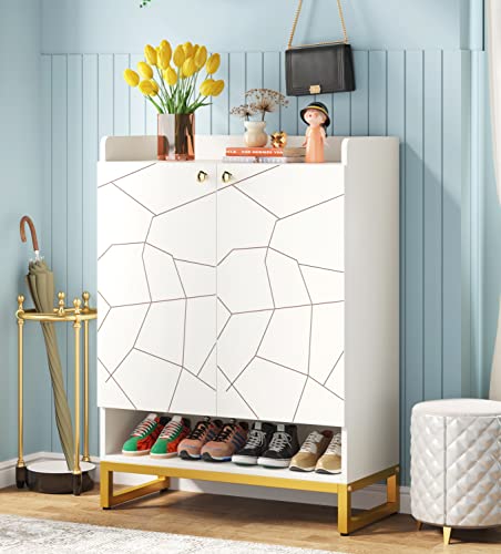 Tribesigns Shoe Cabinet with Doors, White Gold 6-Tiers Shoe Storage Cabinet for Entryway, Modern Free Standing Shoe Cabinet Storage Organizer for Living Room, Bedroom,Closet