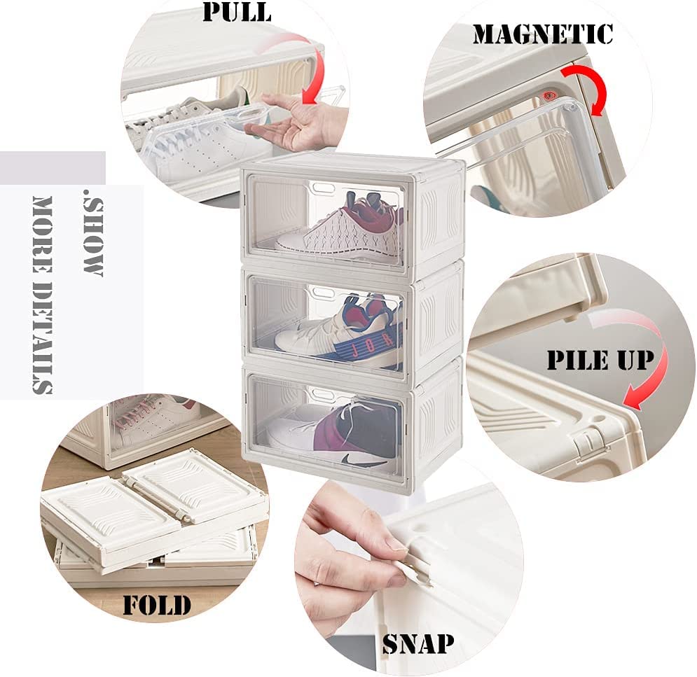 Shoe Storage Boxes,Pack of 6 Stackable Shoe Organizer,Sturdy Foldable sneaker storage and Easy Assemble Shoe Containers Clear Plastic shoe bins with Lid for US Size 13(14.6βx 10.6βx 8.3β)