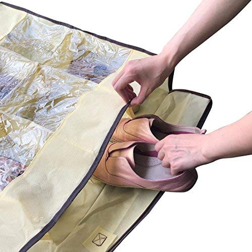 SHONPY Men/Women Adults 12 Cells See Through Underbed Shoe Storage Bag Organizer, BeigeĀ