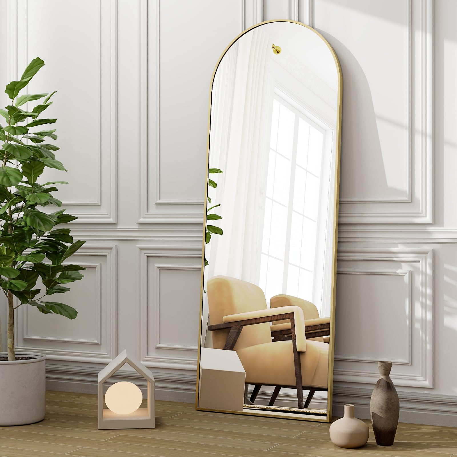 HARRITPURE 58"x18" Arched Full Length Mirror Free Standing Leaning Mirror Hanging Mounted Mirror Aluminum Frame Modern Simple Home Decor for Living Room Bedroom Cloakroom, Gold