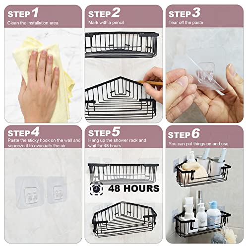 FULL TREND Corner Shower Caddy, 2Pack Shower Organizer Shelves with 6 Adhesive Hooks, No Drilling Shower Shelf Organizer Rustproof Storage Rack for Bathroom, Toilet, Kitchen (Black)