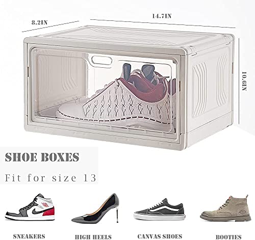 Shoe Storage Boxes,Pack of 6 Stackable Shoe Organizer,Sturdy Foldable sneaker storage and Easy Assemble Shoe Containers Clear Plastic shoe bins with Lid for US Size 13(14.6βx 10.6βx 8.3β)