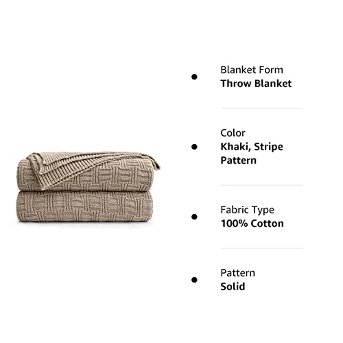 Cotton Khaki Cable Knit Throw Blanket for Couch Sofa Bed with Bonus Laundering Bag – Large 60 x 80 Thick, 3.4 LB, Machine Washable, Comfortable Home Décor